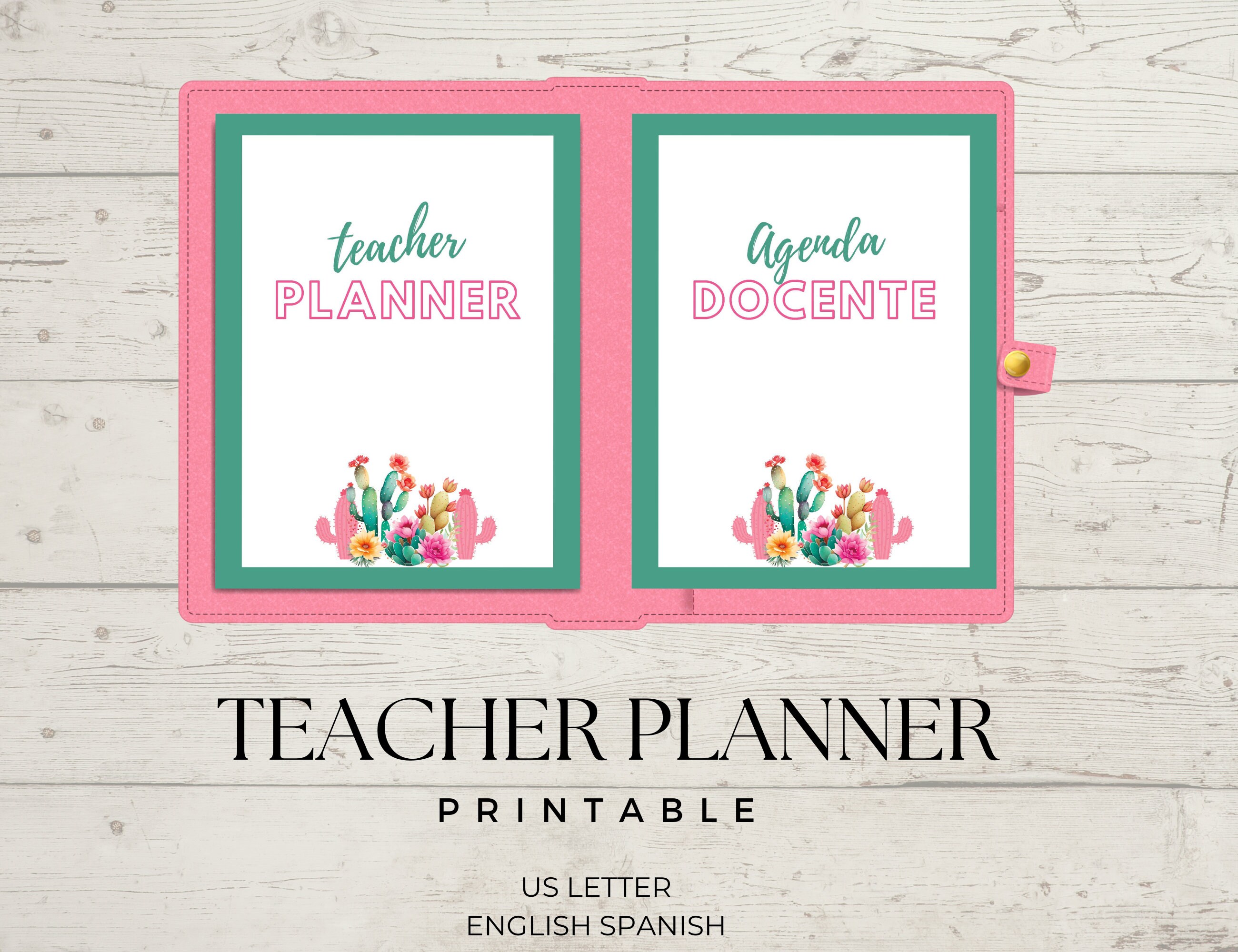 Teacher Planner Pink Cactus Printable Bilingual English Spanish - Etsy