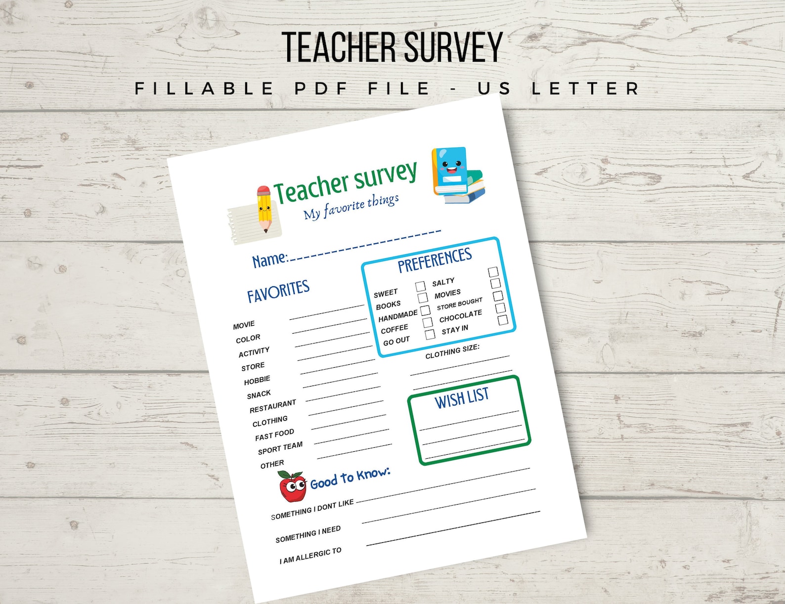 Teacher Survey Favorite Things Editable, Teacher Questionnaire to Get ...