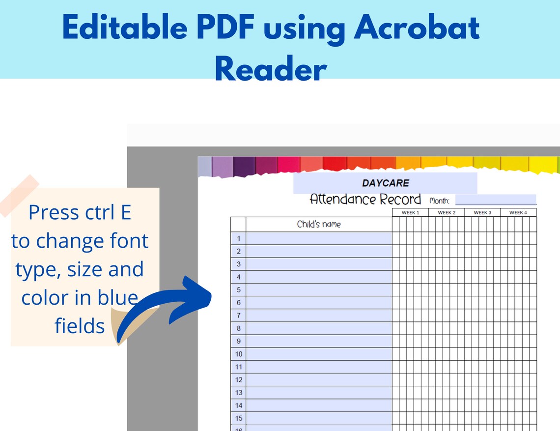 Daycare Monthly Attendance Sheet, Attendance Tracker Editable for ...