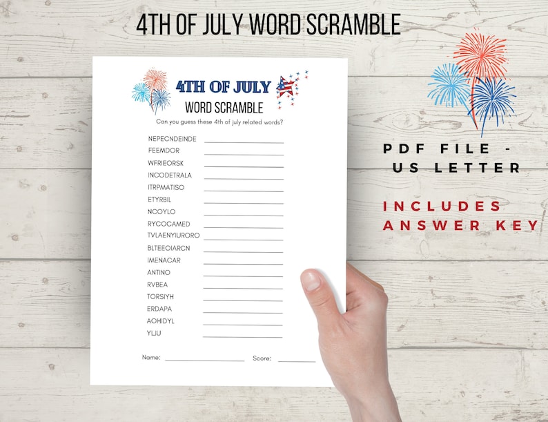 4th of July Word Scramble Game Printable, Party or School Indepedence ...