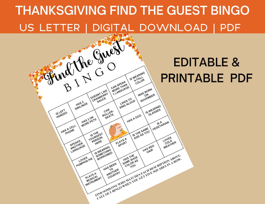Fall Find the Guest Bingo Thanksgiving Find the Guest Game, Autumn ...
