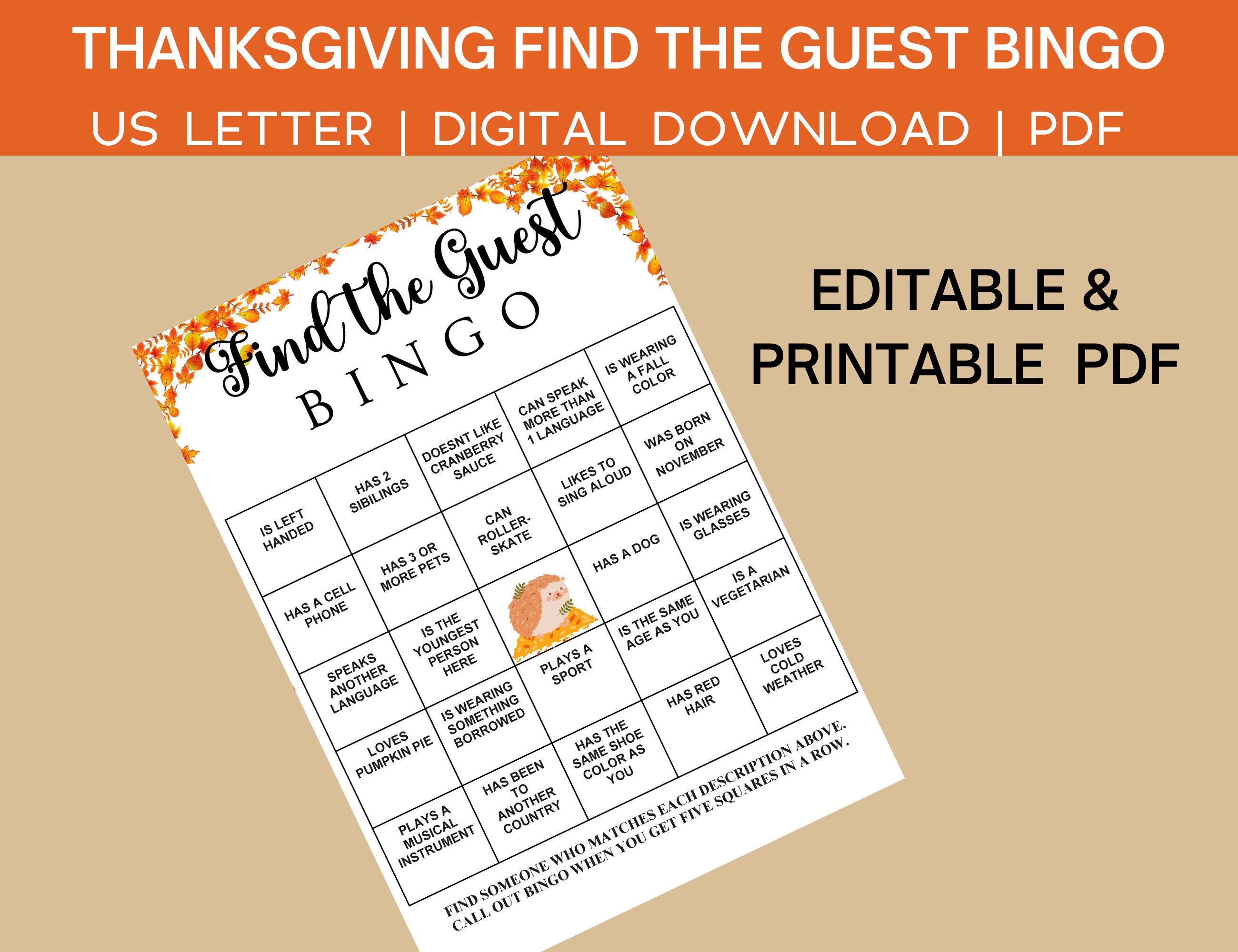 Fall Find the Guest Bingo Thanksgiving Find the Guest Game, Autumn ...