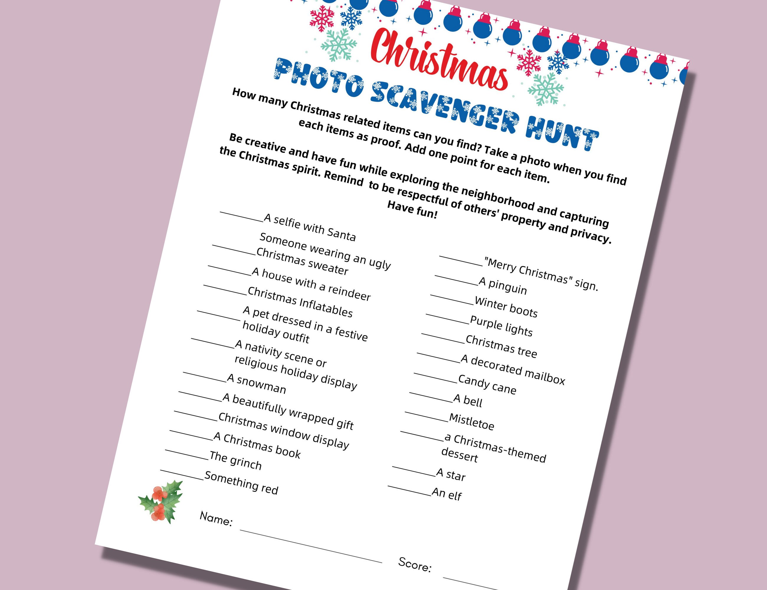 Christmas Photo Scavenger Hunt for Teens and Adult, Printable Christmas ...