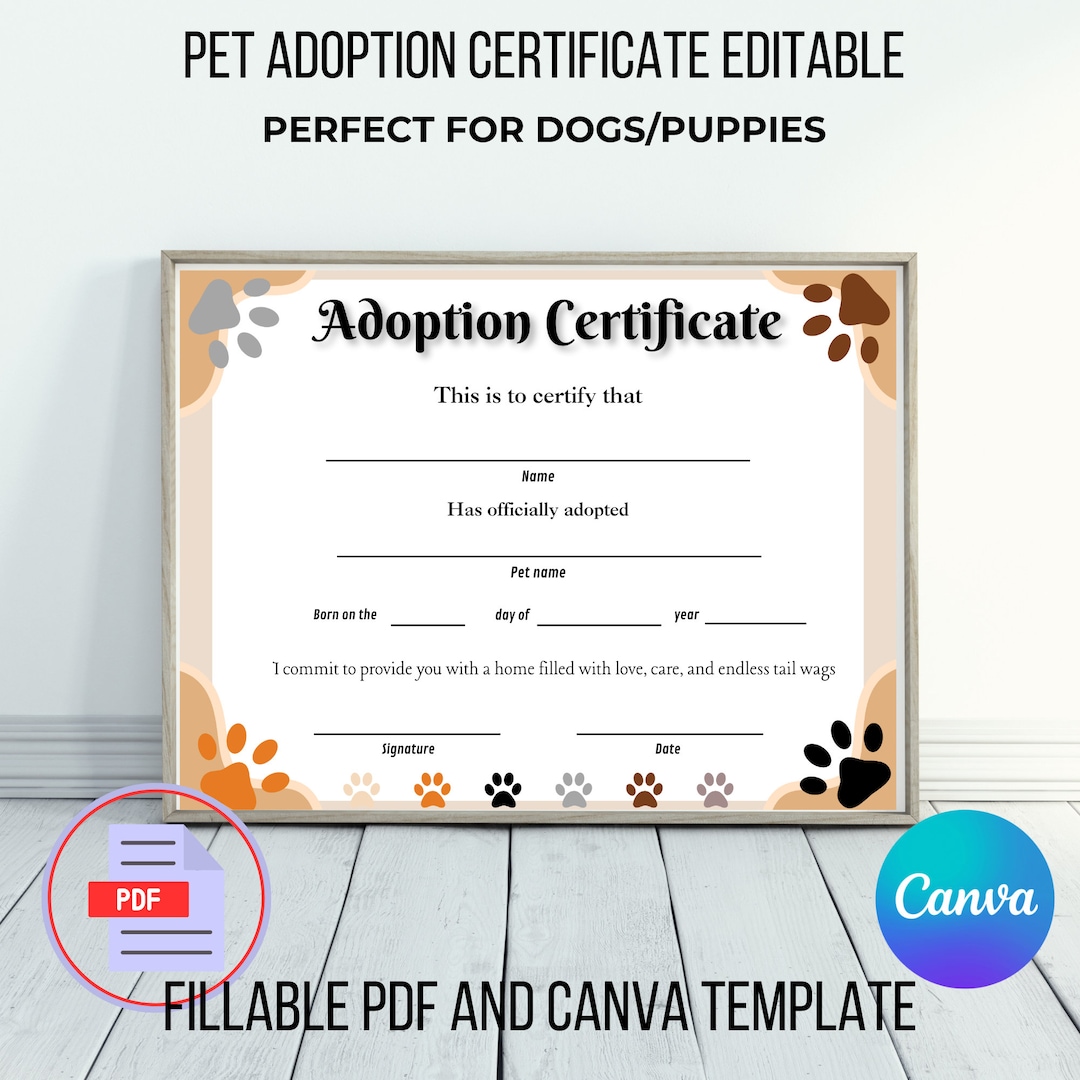 Pet Adoption Certificate Editable, Puppy Adoption Party, Dog Adoption ...