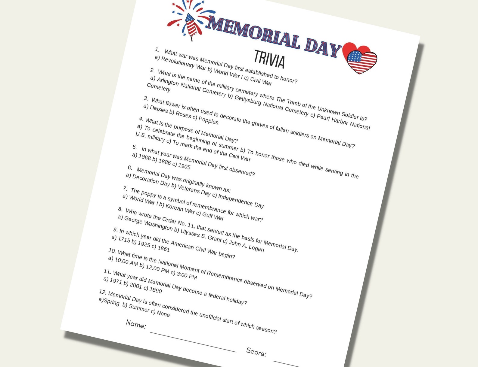 Memorial Day Trivia Printable Game, Party or School Memorial Day ...