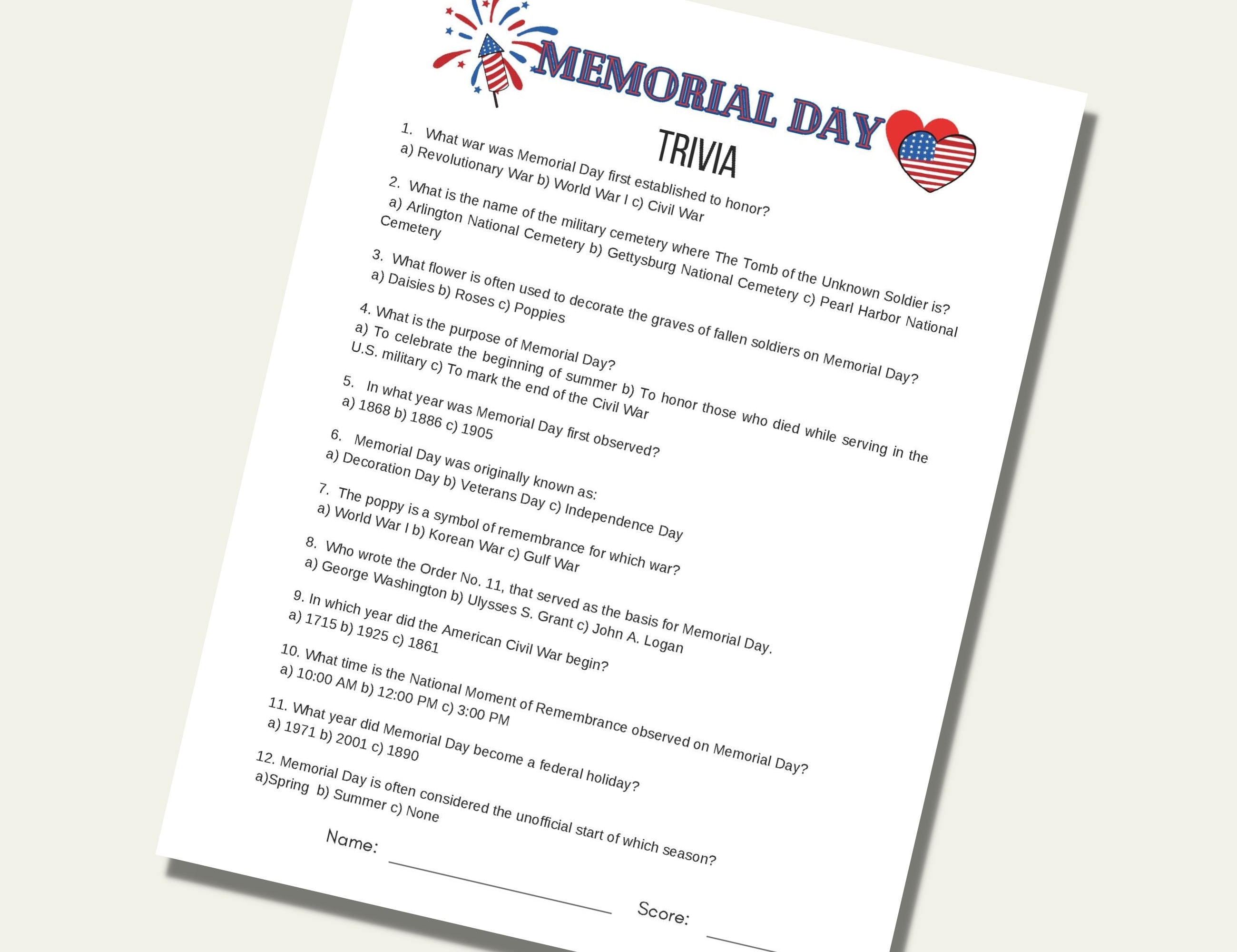 Memorial Day Trivia Printable Game, Party or School Memorial Day ...
