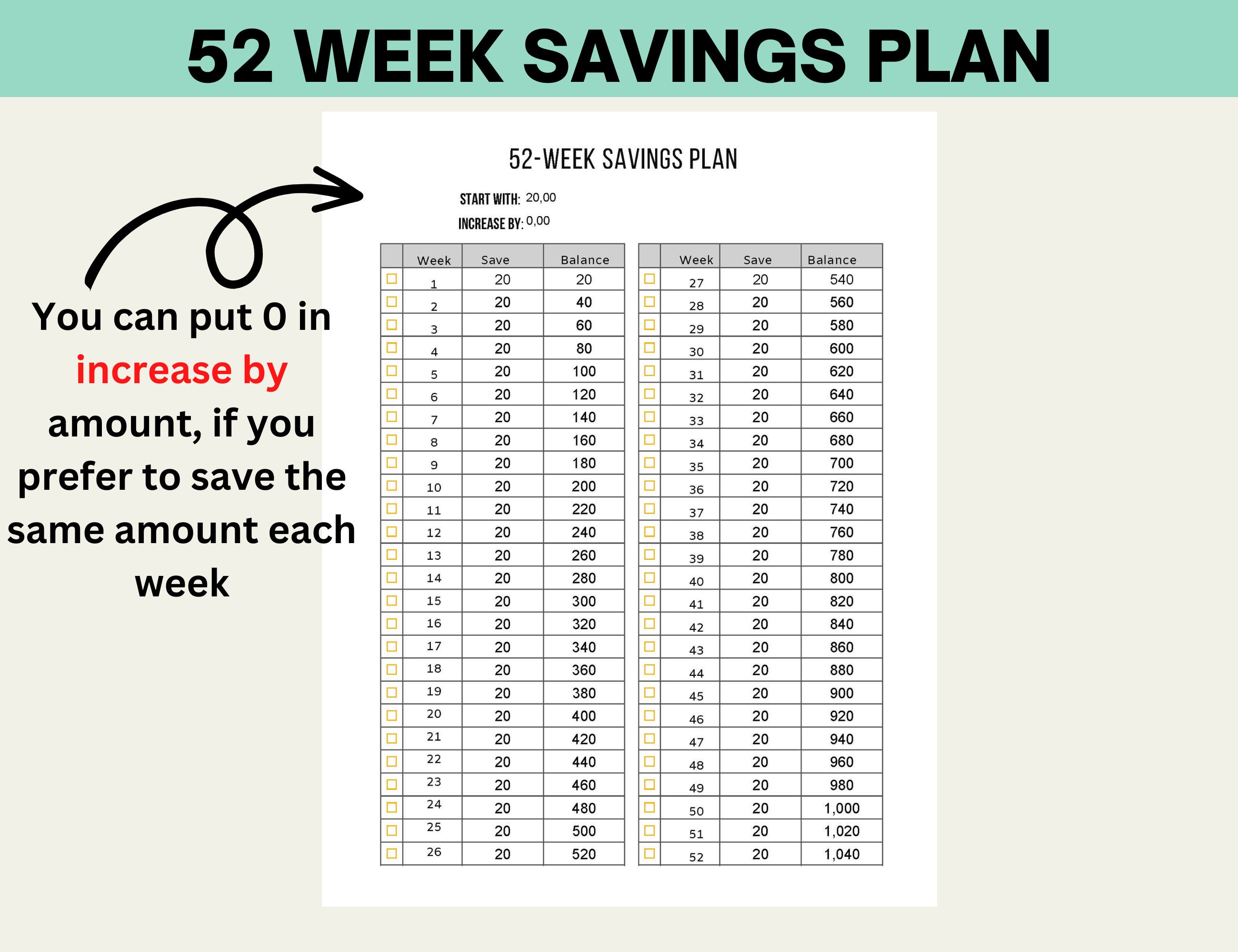 52 Week Savings Challenge, 52 Week Savings Plan Fillable, Printable - Etsy