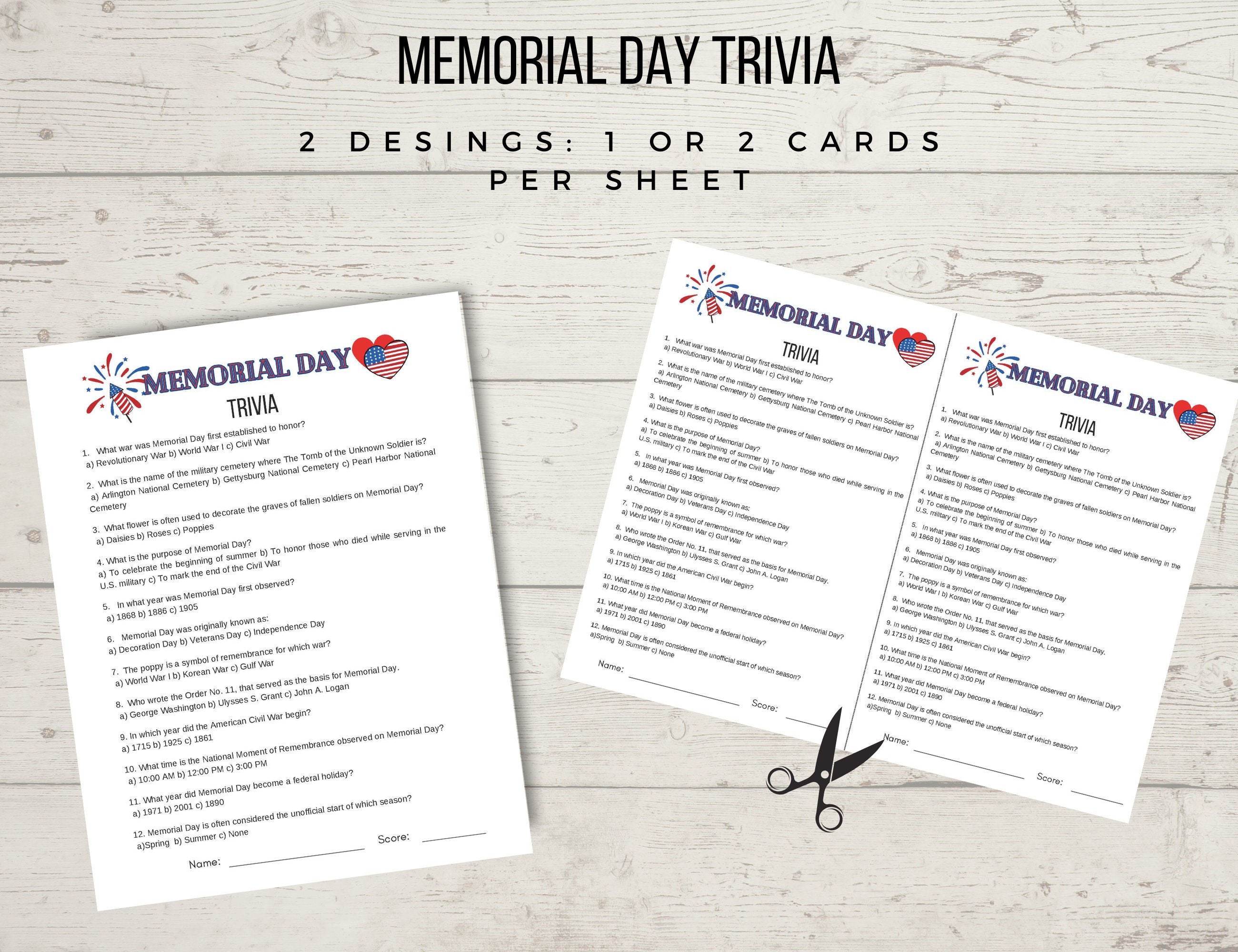 Memorial Day Trivia Printable Game, Party or School Memorial Day ...