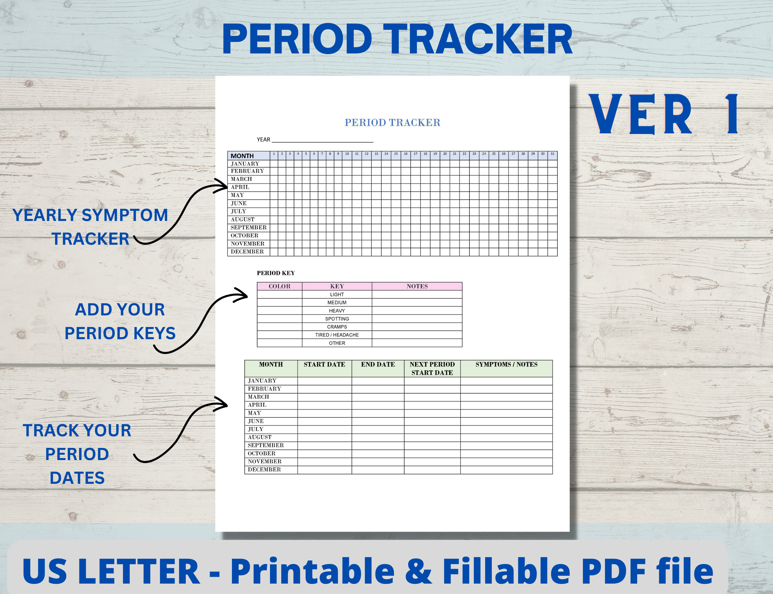 Period Tracker Editable,yearly Period Symptom Tracker, Period Log ...
