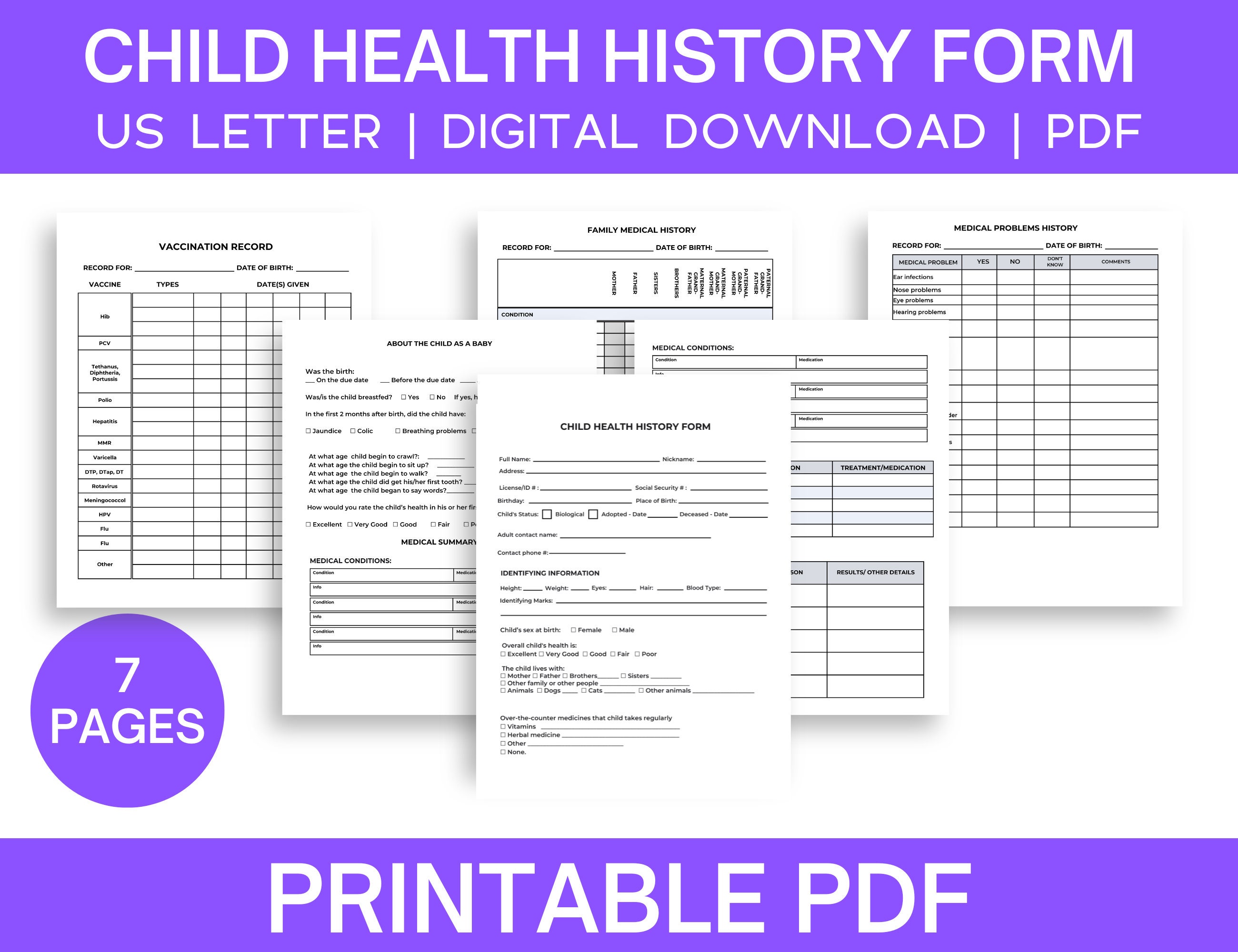 Child Health History Pdf Medical History Form Kids Medical - Etsy Australia