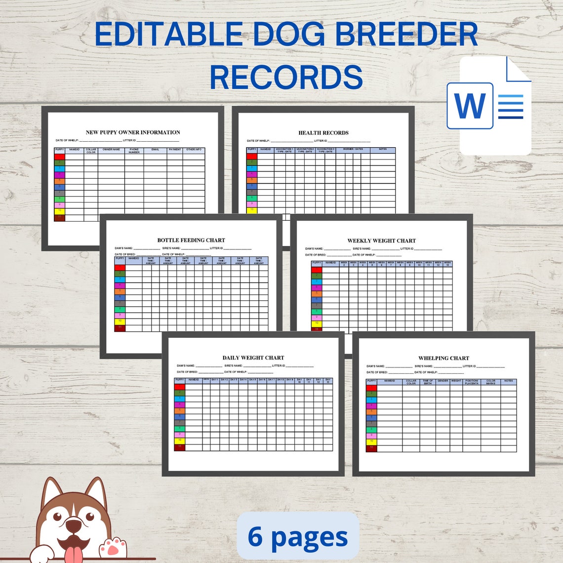 Breeder Forms, Dog Breeder Records, Dog Breeder Charts, Whelping Chart ...