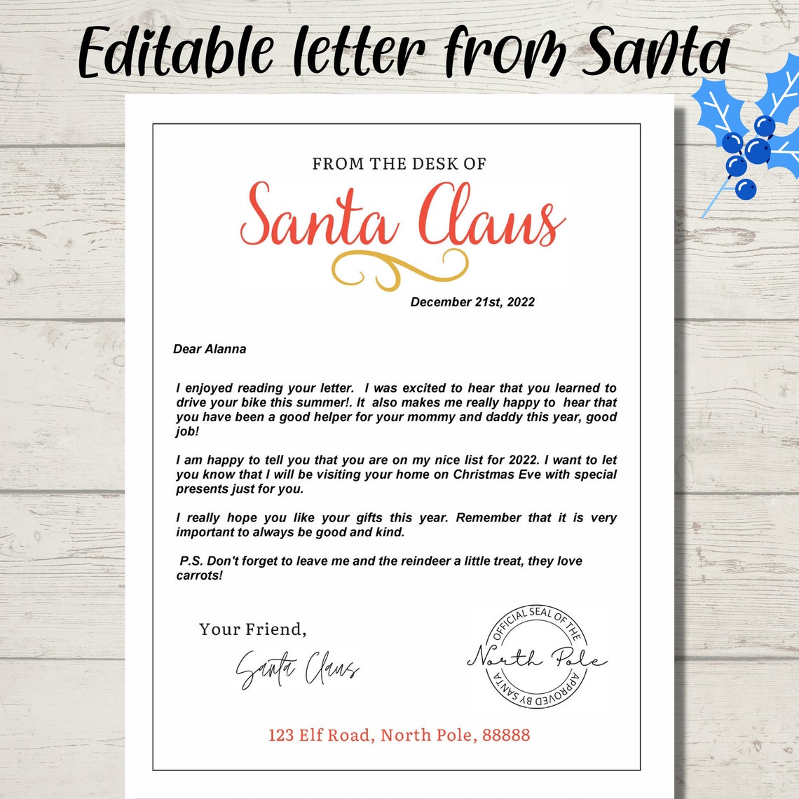 Letter From Santa, Editable Letter From Santa Claus, Personalized Santa ...