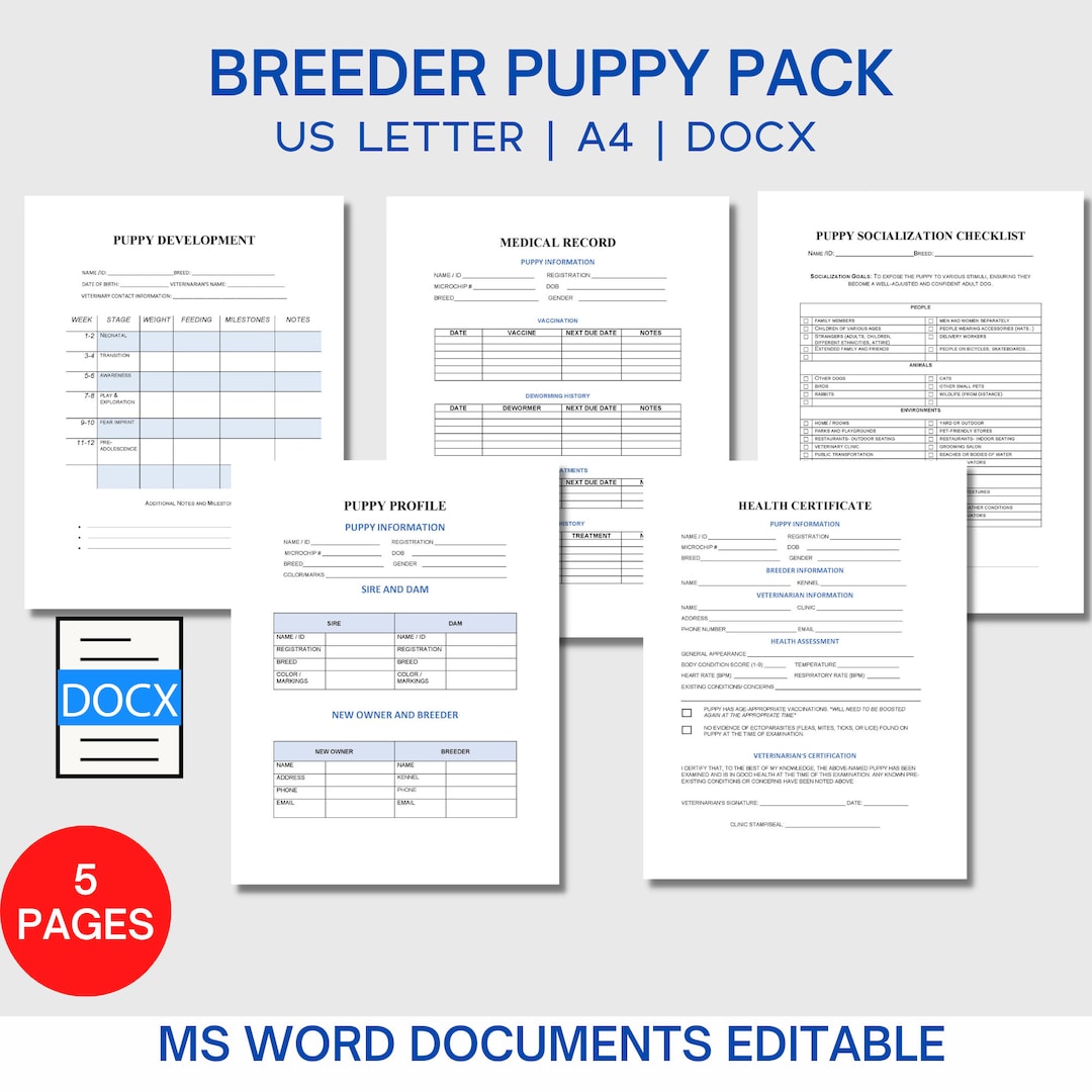 Breeder Puppy Pack, Puppy Records, Breeder Forms Editable, Includes ...