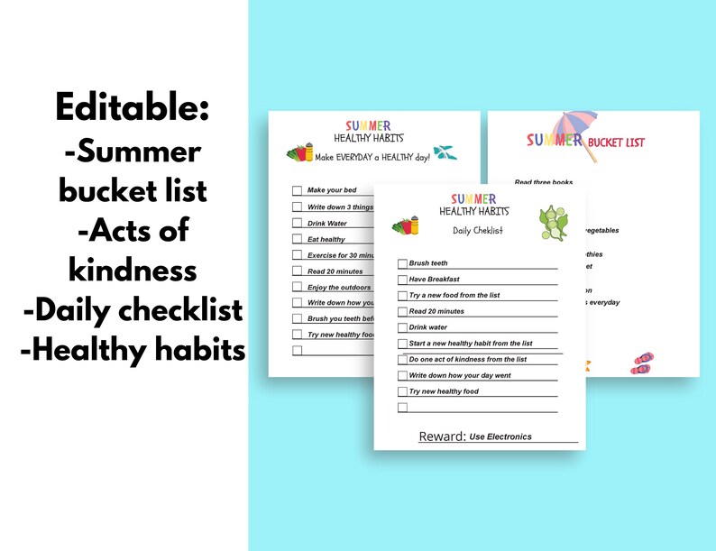 Printable SUMMER Planner Editable for Kids Healthy Habits | Etsy