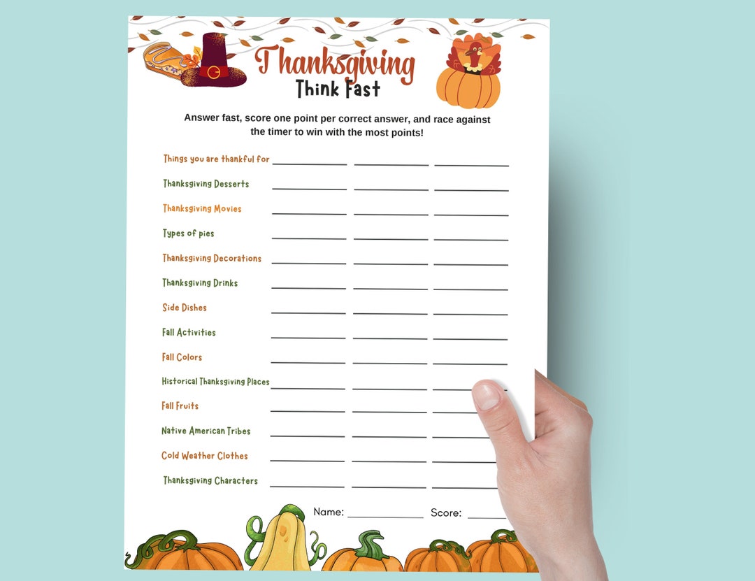Thanksgiving Think Fast Game, Thanksgiving Printable Game, Icebreaker ...
