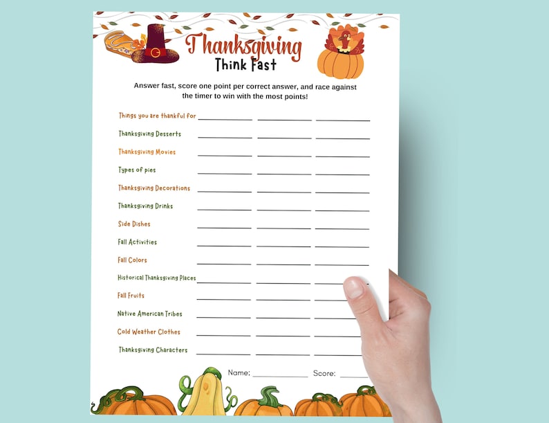 Thanksgiving Think Fast Game, Thanksgiving Printable Game, Icebreaker ...