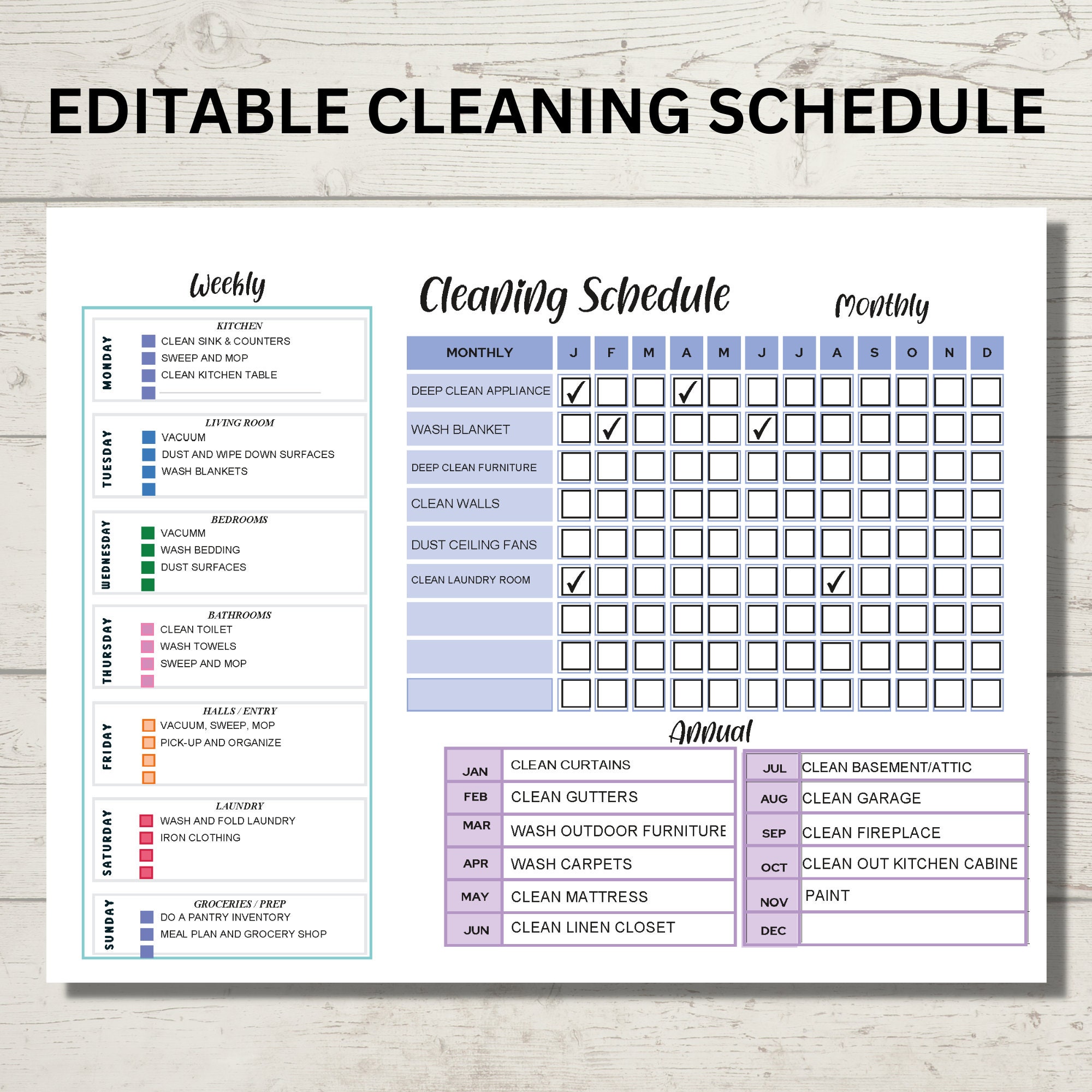 Cleaning Tracker Yearly Editable and Family Cleaning Chores, Includes ...