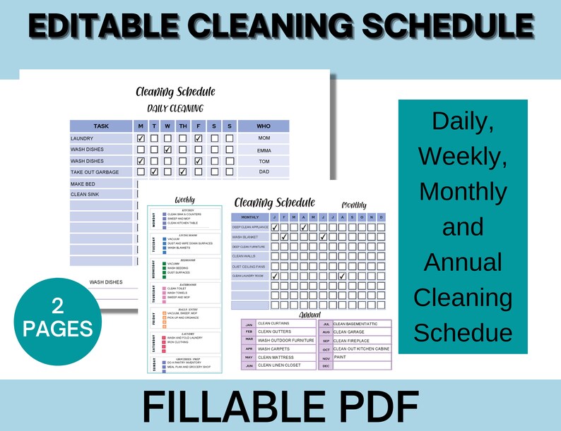 Cleaning Tracker Yearly Editable and Family Cleaning Chores, Includes ...