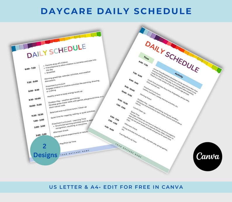 Daycare Daily Schedule Printable, Daycare Forms, Daycare Hourly ...