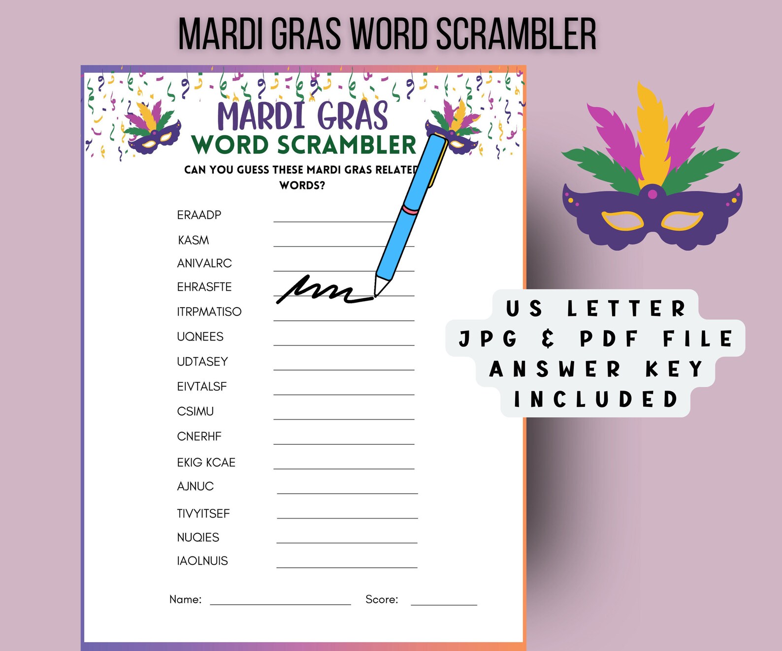 Mardi Gras Word Scramble Printable Game, Mardi Gras Party Game - Etsy