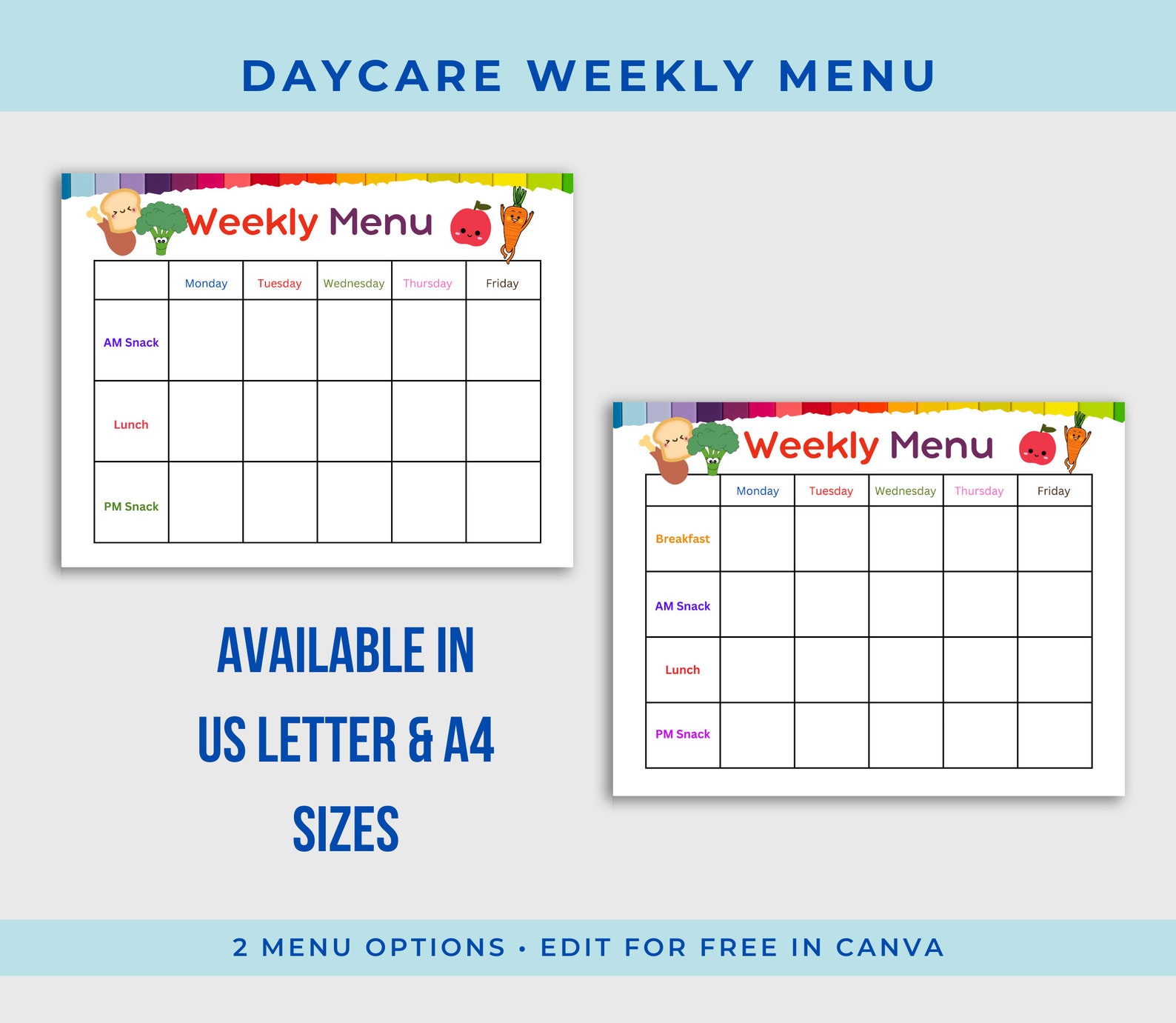 Daycare Weekly Menu Printable, Daycare Meal Menu, Editable Menu ...