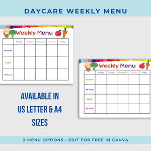 Daycare Weekly Menu Printable, Daycare Meal Menu, Editable Menu ...