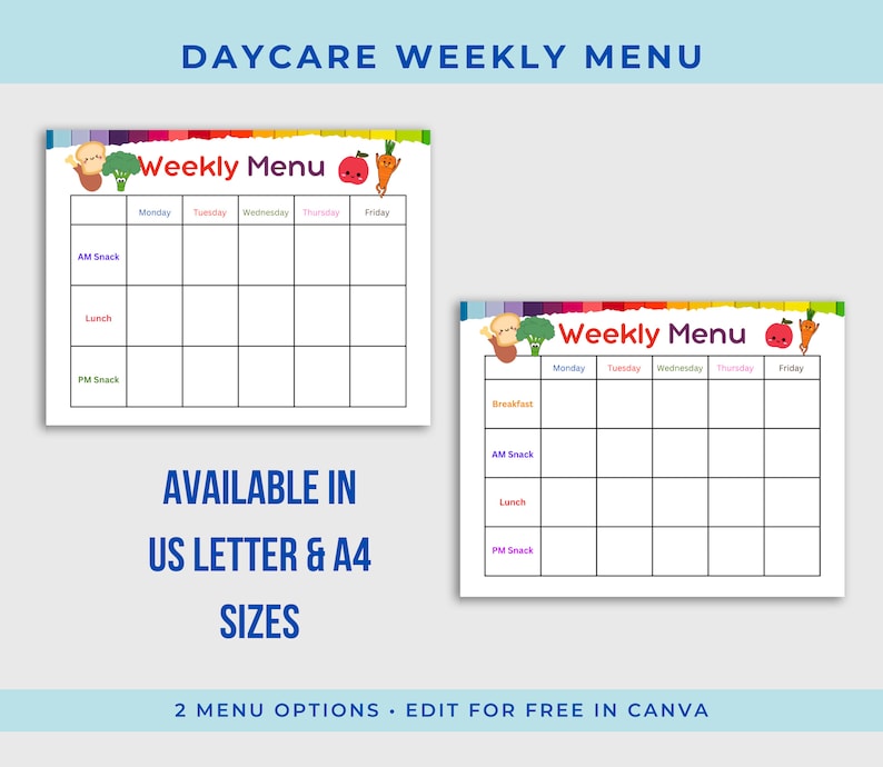 Daycare Weekly Menu Printable, Daycare Meal Menu, Editable Menu ...