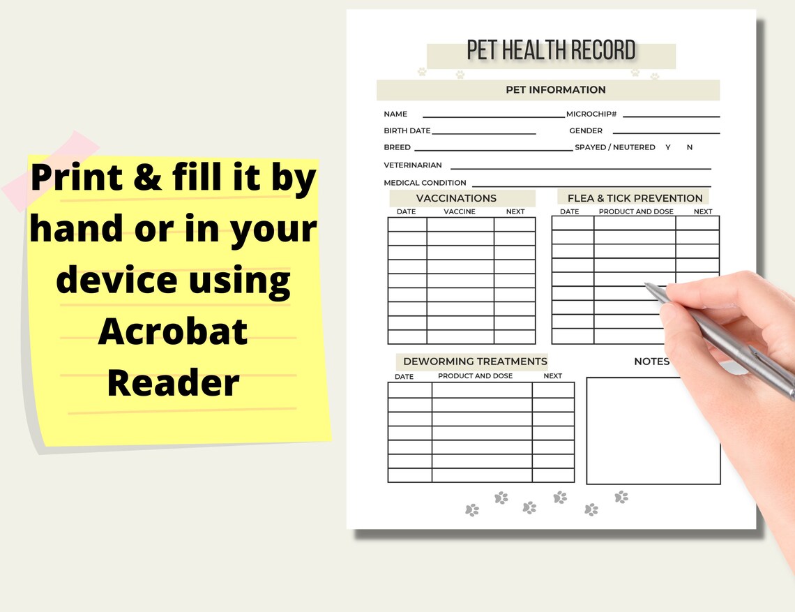 Pet Health Record Printable for New Puppy, Dog or Cat, Pet Health ...