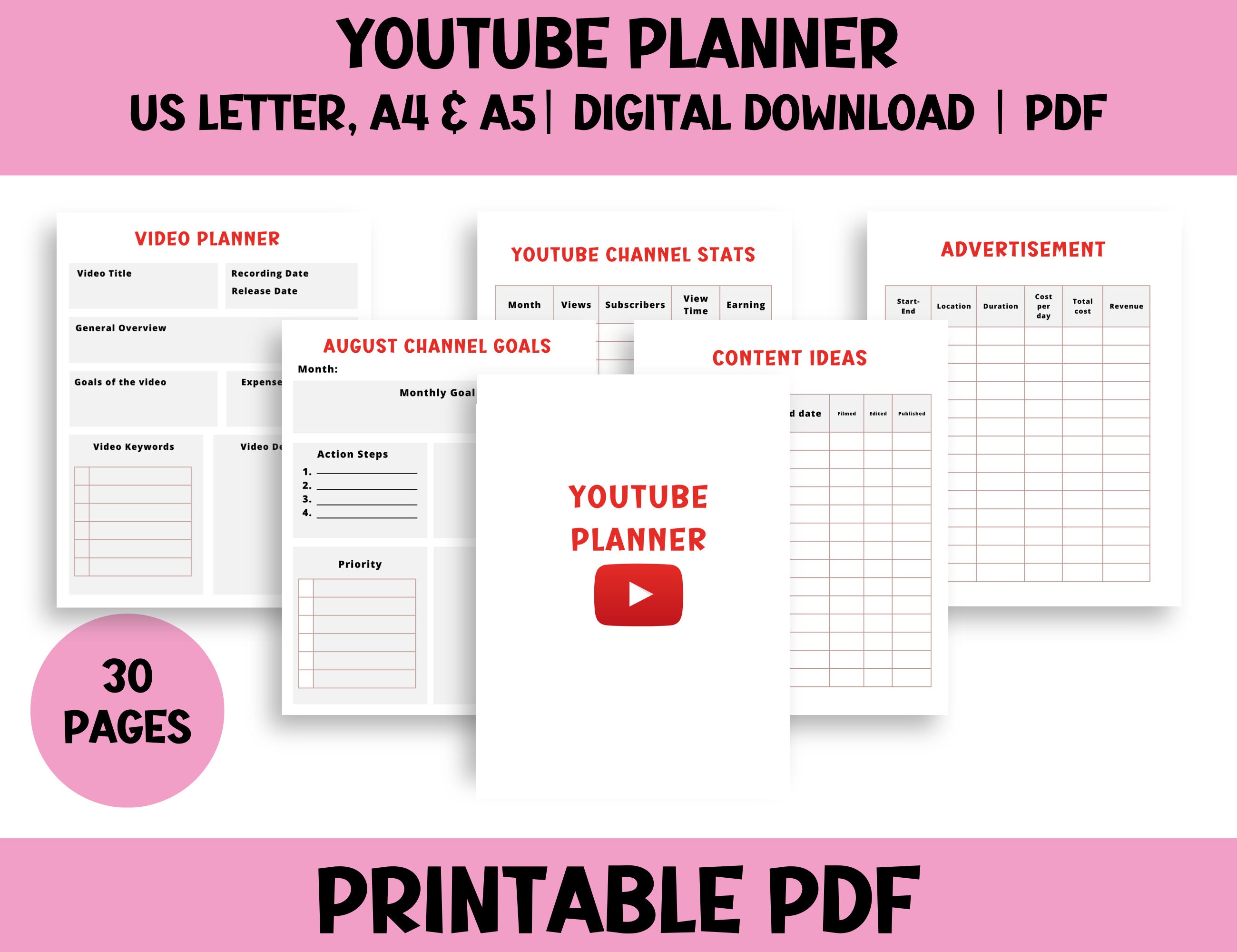 Youtube Planner Printable, Social Media Planner, Content Planner ...