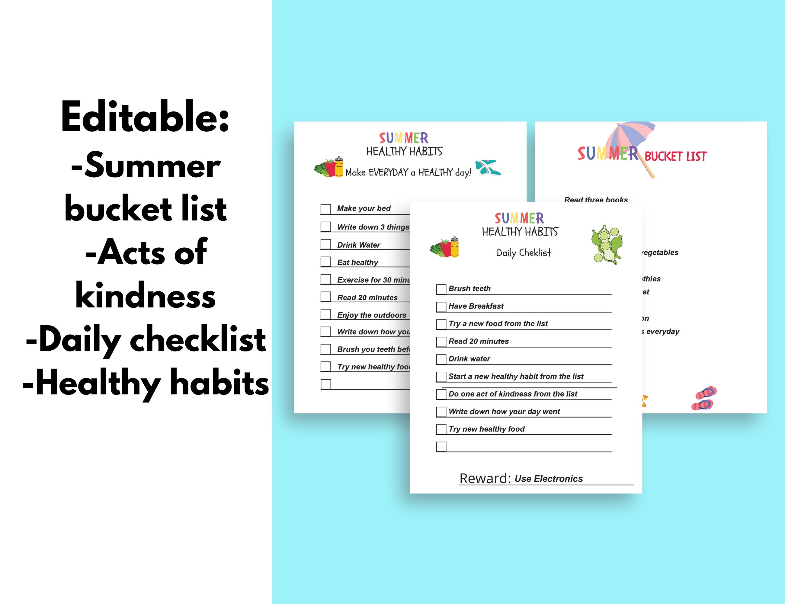 Printable SUMMER Planner Editable for Kids Healthy Habits | Summer ...