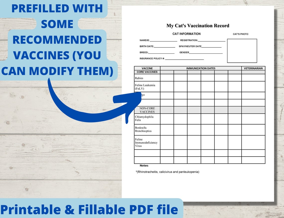Cat Vaccination Record, Cat Health Record, Cat Shot Record, Pet Health ...