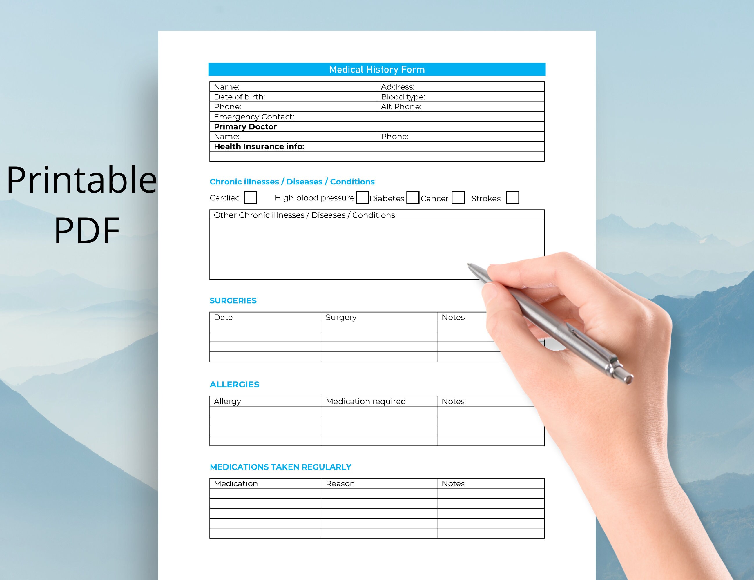 Medical History Form Fillable Medical Summary, Chronic Disease, Allergy ...