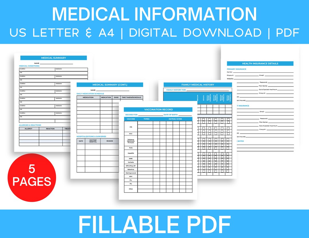 Medical Information Fillable PDF Digital, Medical Summary- Medication ...
