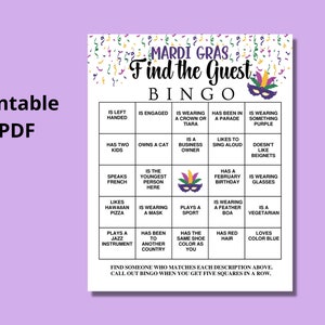 Find the Guest Bingo, Mardi Gras Game Editable Party Game Printable - Etsy