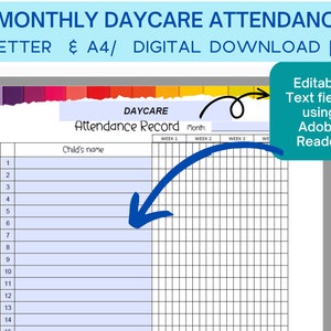 Daycare Monthly Attendance Sheet, Attendance Tracker Editable for ...