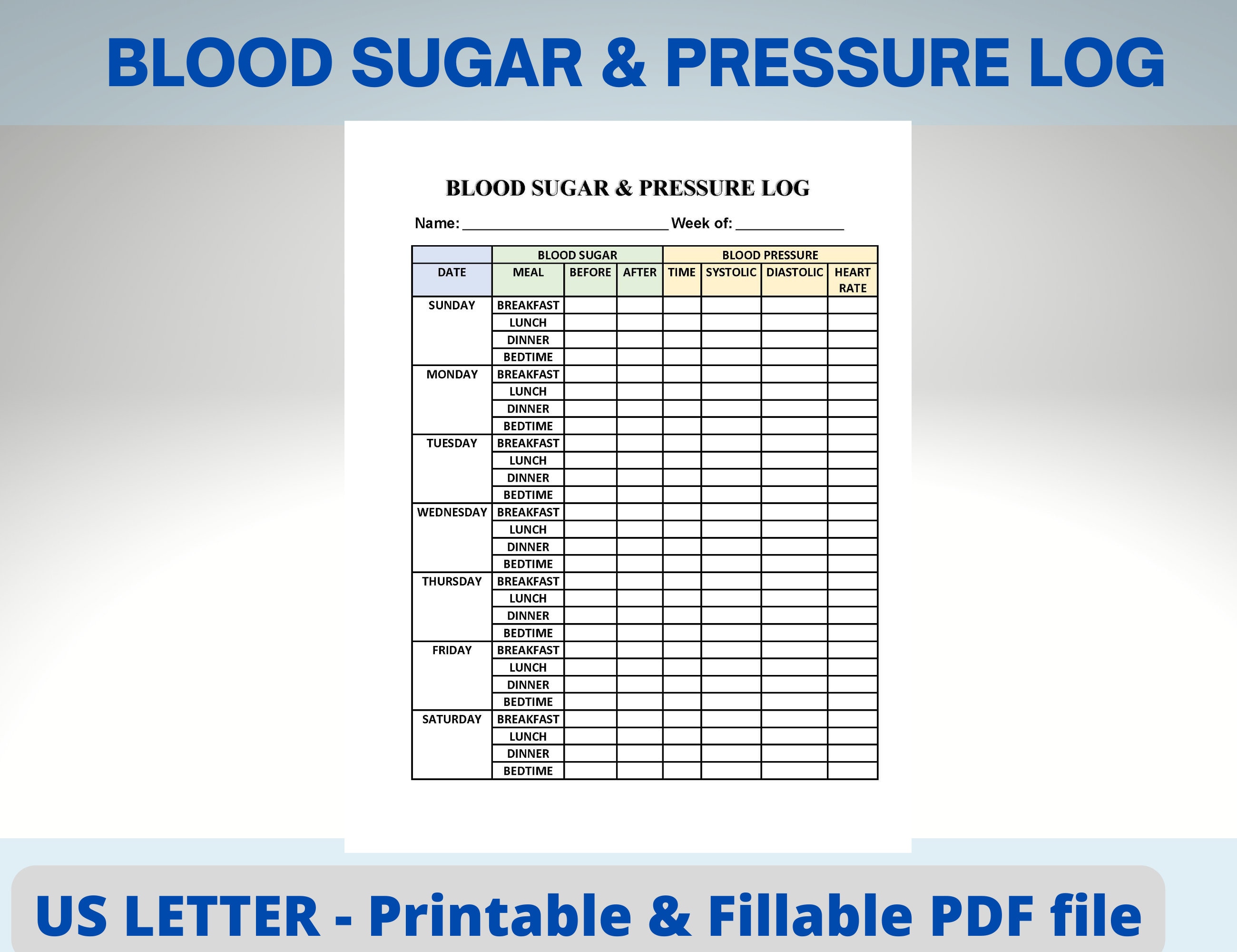 Blood Sugar and Blood Pressure Log Editable, Blood Sugar Tracker ,BP ...
