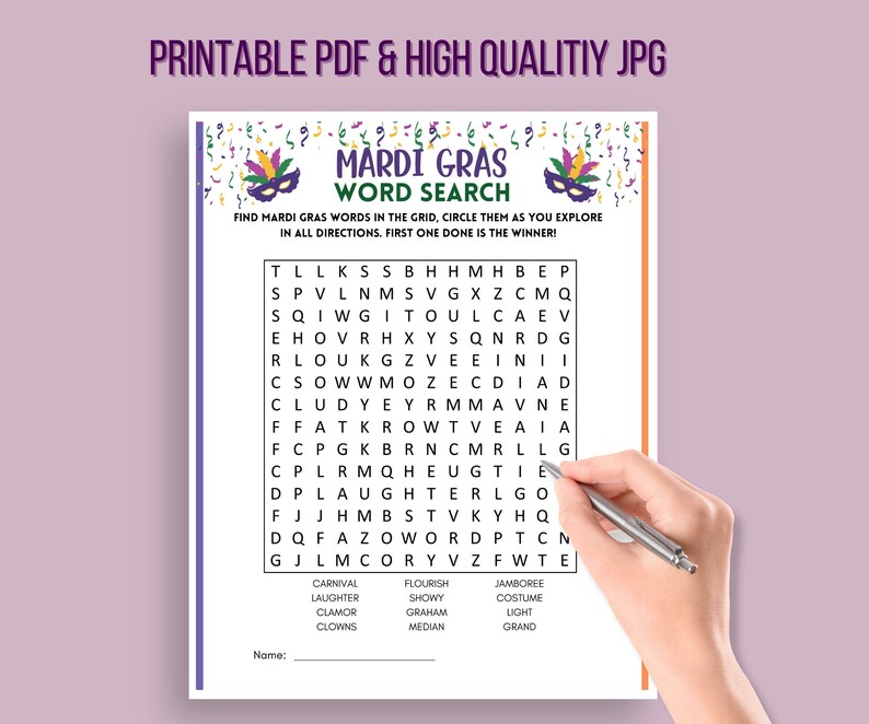 Mardi Gras Word Search Printable Game, Mardi Gras Party Game - Etsy