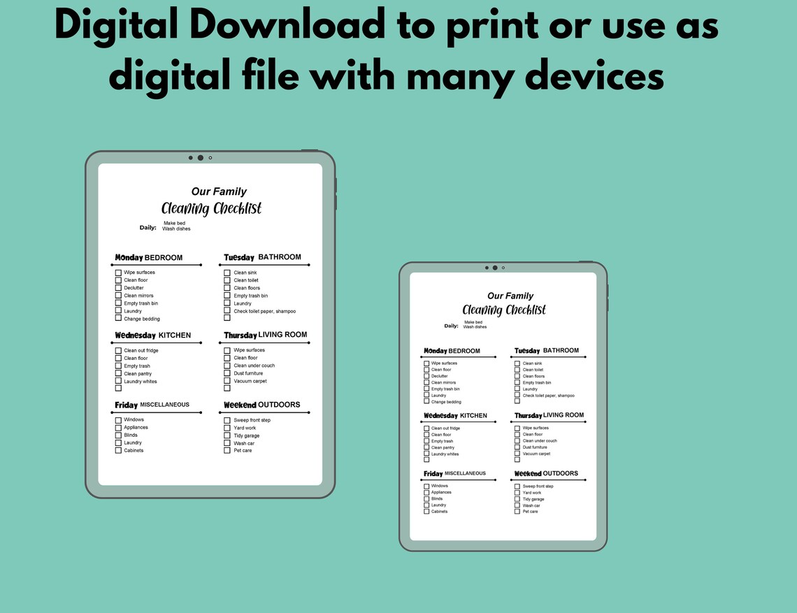 Cleaning Checklist Editable and Printable, Weekly House Cleaning ...