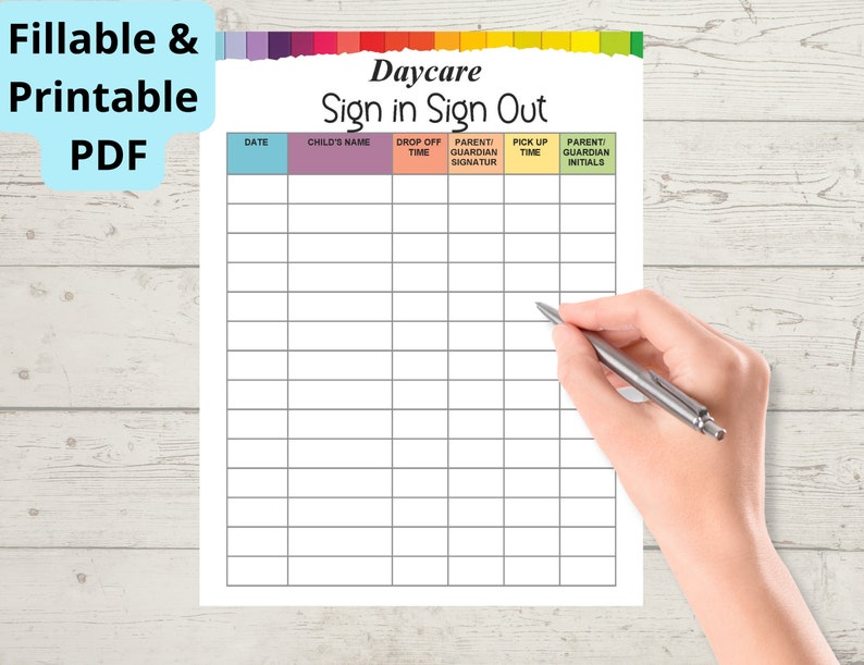 Daycare Sign in Sign Out Sheet Printable | Editable Daily Attendance ...