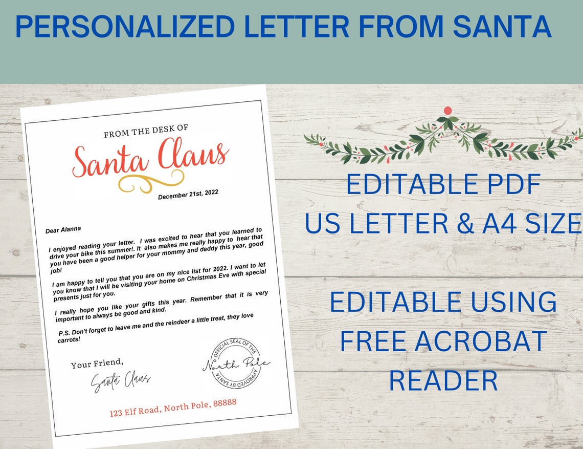 Letter From Santa, Editable Letter From Santa Claus, Personalized Santa ...