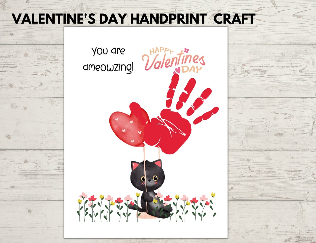 Cute Cat Valentine Handprint, Valentines Day Craft Printable, Preschool ...