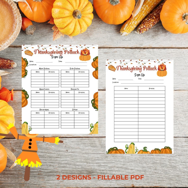 Thanksgiving Potluck Sign up Sheet Editable PDF for Office or Family ...