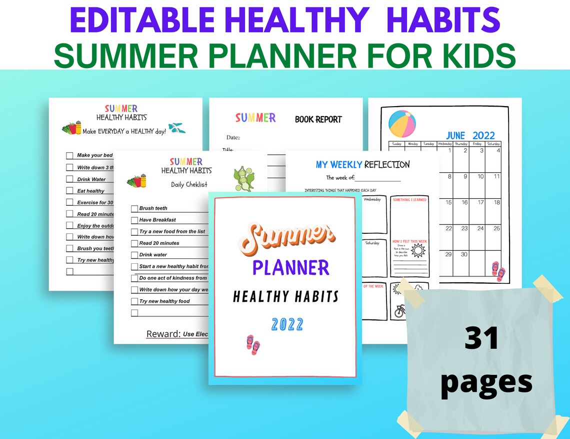 Printable SUMMER Planner Editable for Kids Healthy Habits | Etsy
