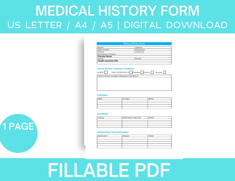 Medical History Form Fillable Medical Summary, Chronic Disease, Allergy ...