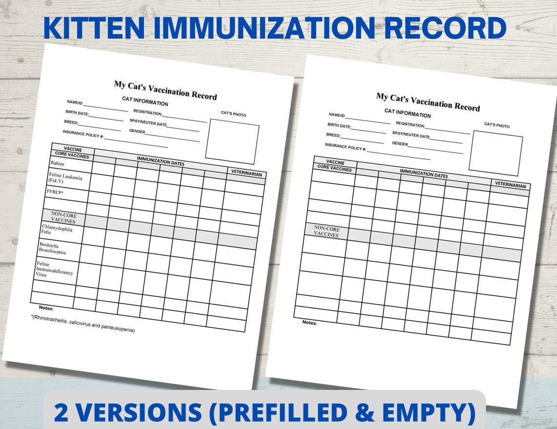 Cat Vaccination Record, Cat Health Record, Cat Shot Record, Pet Health ...
