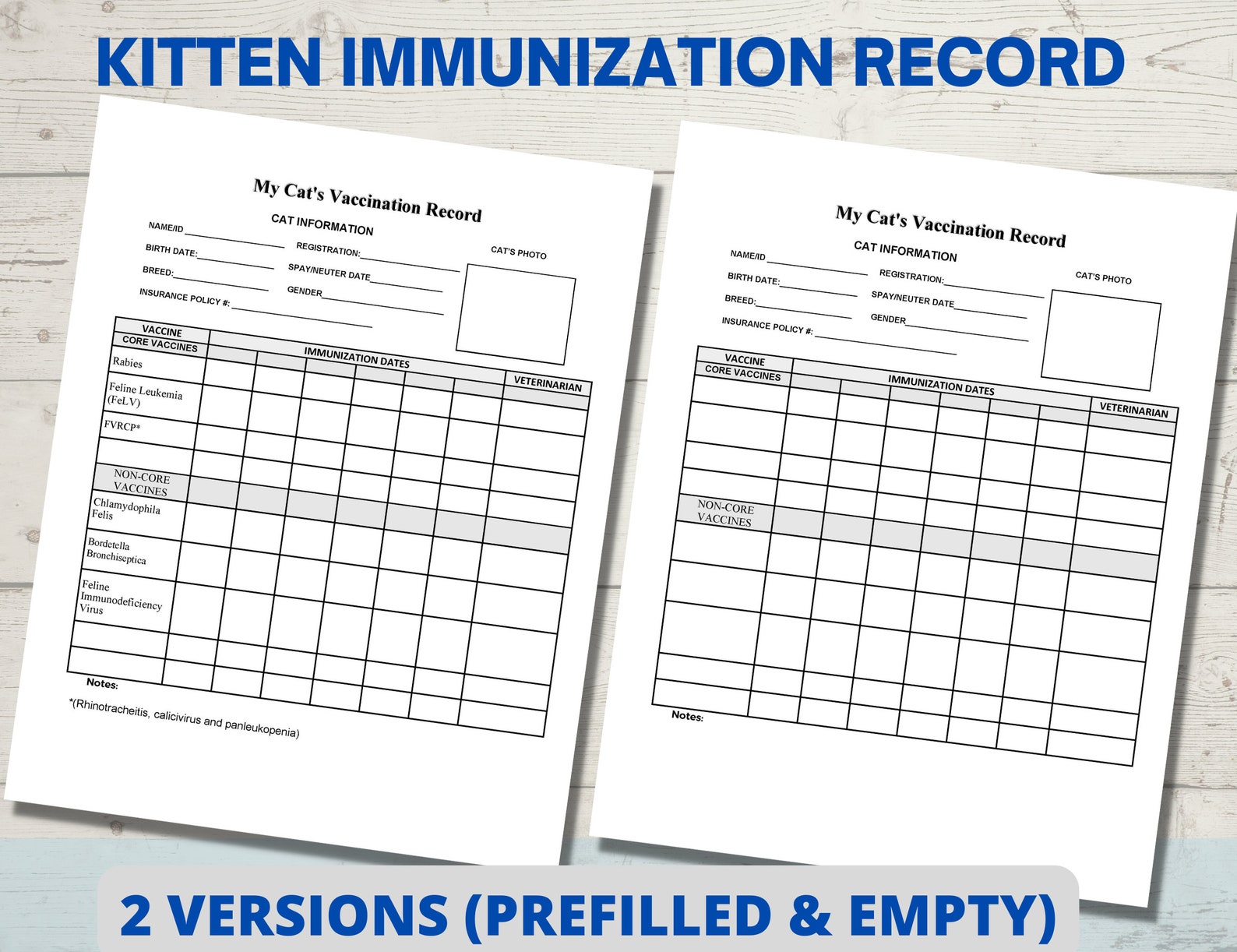 Cat Vaccination Record, Cat Health Record, Cat Shot Record, Pet Health ...