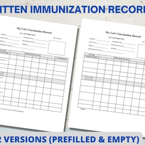 Cat Vaccination Record, Cat Health Record, Cat Shot Record, Pet Health ...
