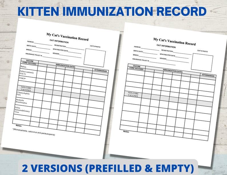 Cat Vaccination Record, Cat Health Record, Cat Shot Record, Pet Health ...