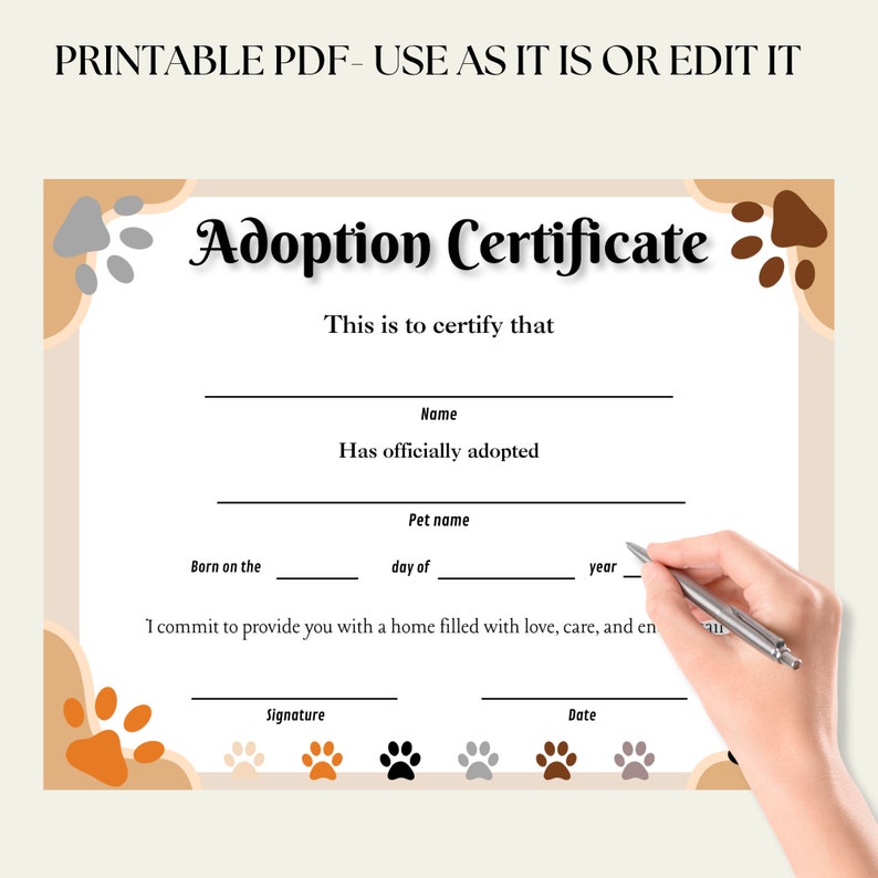 Pet Adoption Certificate Editable, Puppy Adoption Party, Dog Adoption ...