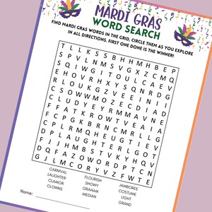 Mardi Gras Word Search Printable Game, Mardi Gras Party Game - Etsy